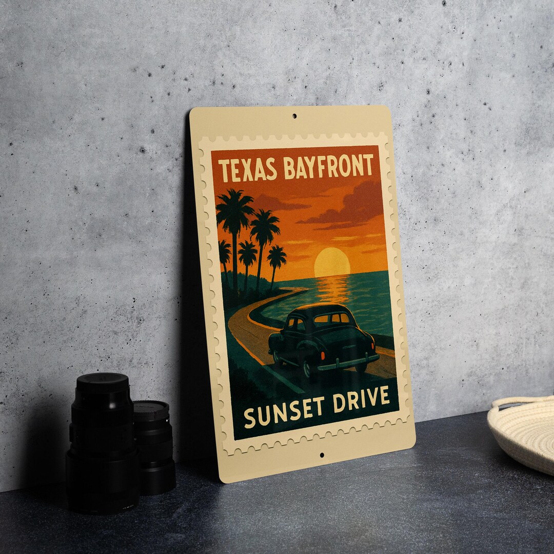 Texas Bayfront Sunset Drive Metal Sign – Vintage Stamp Style Wall Art ...