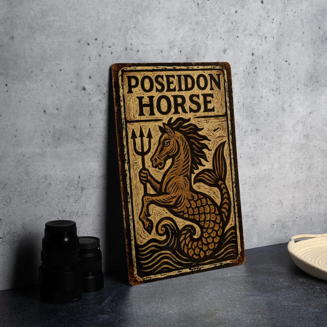 Vintage Poseidon Horse Tin Sign – Rustic Folk Art Metal Wall Decor ...