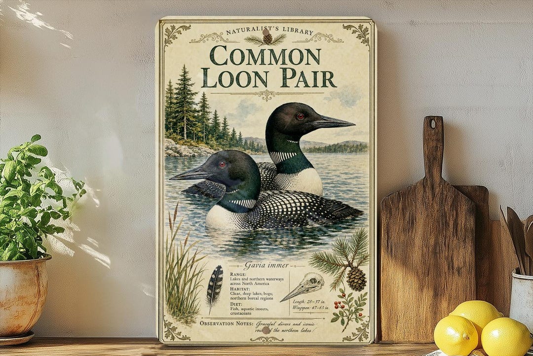 Common Loon Pair Metal Sign, Audubon Ornithology Bird Illustration ...