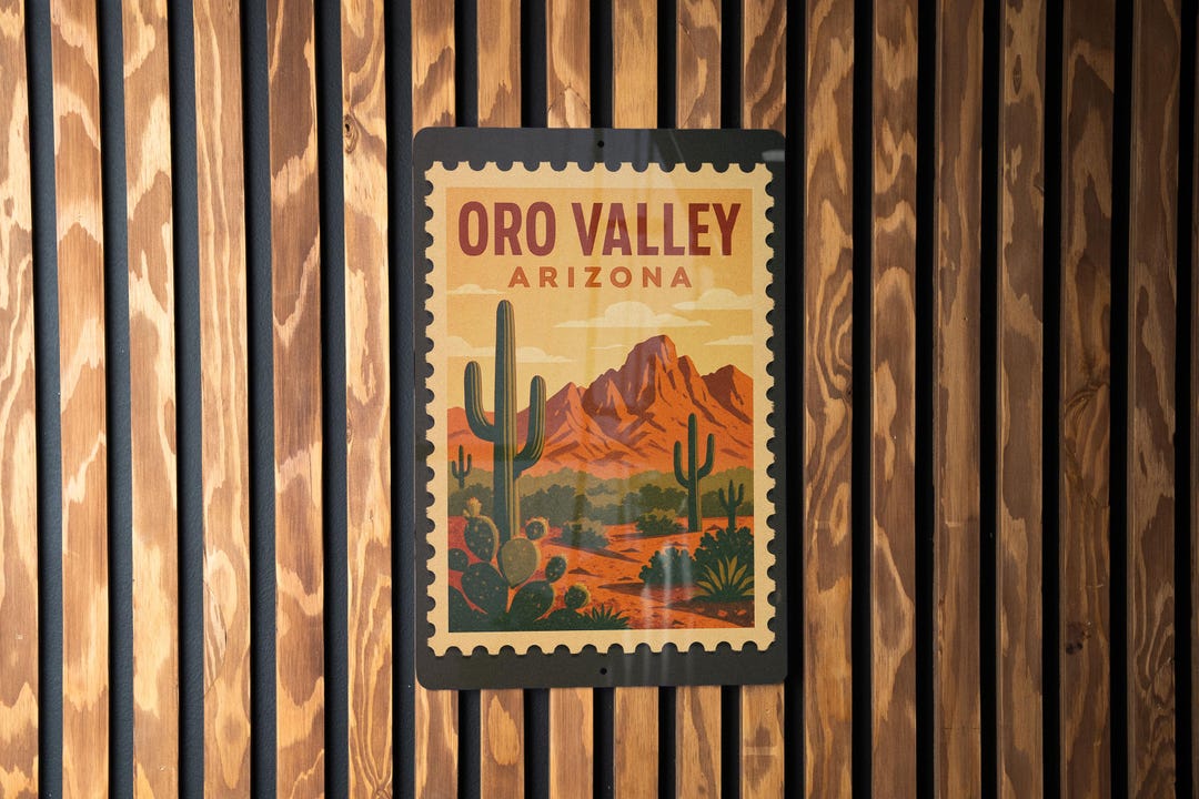 Oro Valley Arizona Metal Sign – Retro Postage Stamp Design Featuring ...