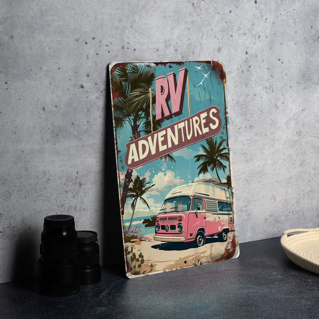 RV Adventures Aluminum Sign, Vintage Camper Van Illustration, Soft Hues ...