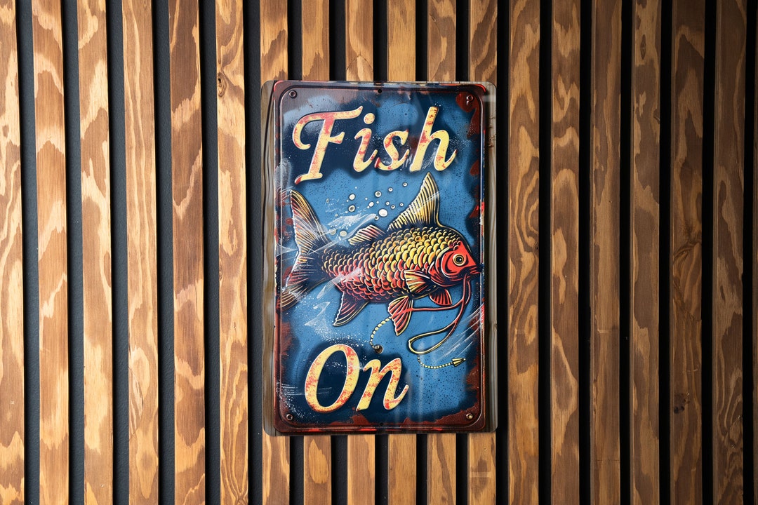 Vintage Fishing Tin Sign - Rustic Metal Sign, Fish on Decor, Fishing ...