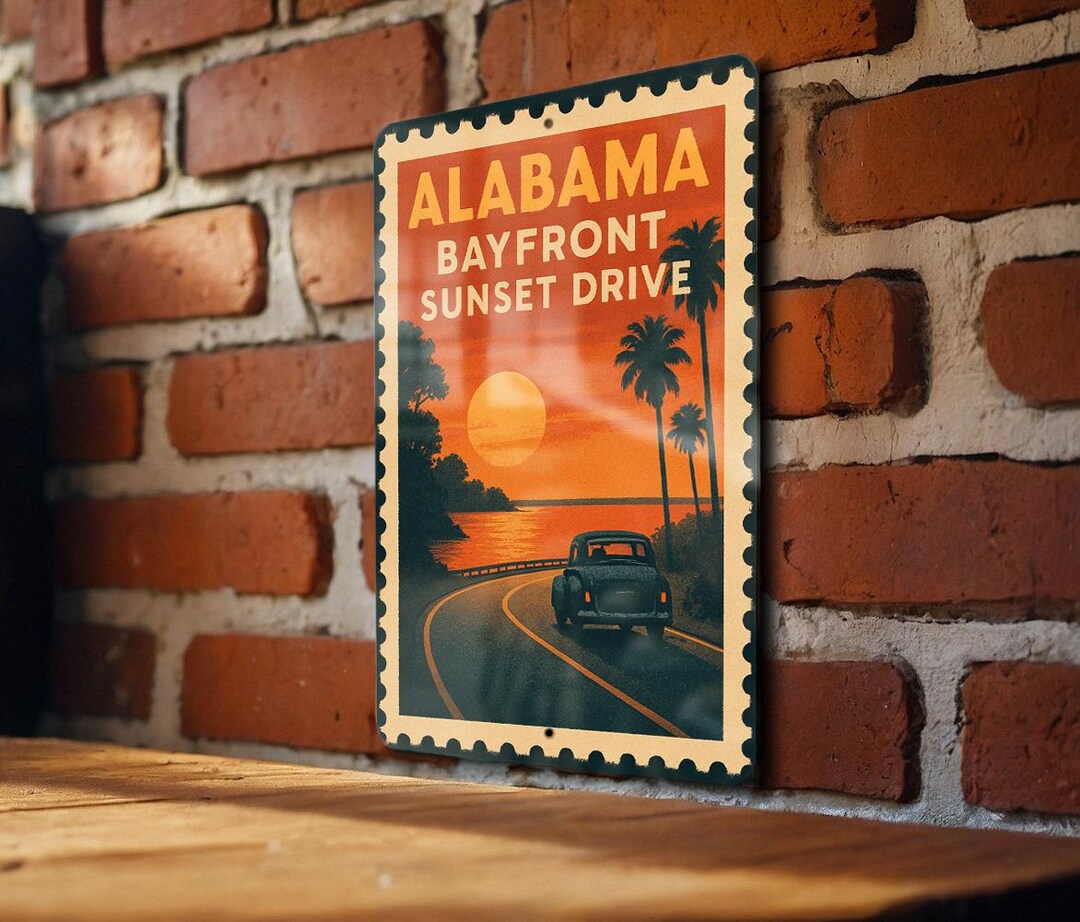 Alabama Bayfront Sunset Drive Metal Sign – Vintage Stamp Style Wall Art ...