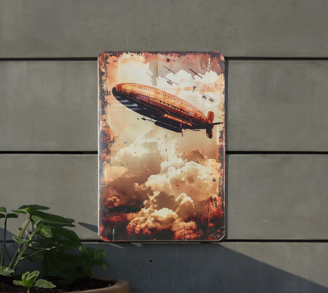 Vintage Style Tin Sign, Antique Zeppelin Tour, Art Deco Clouds, Rusted ...