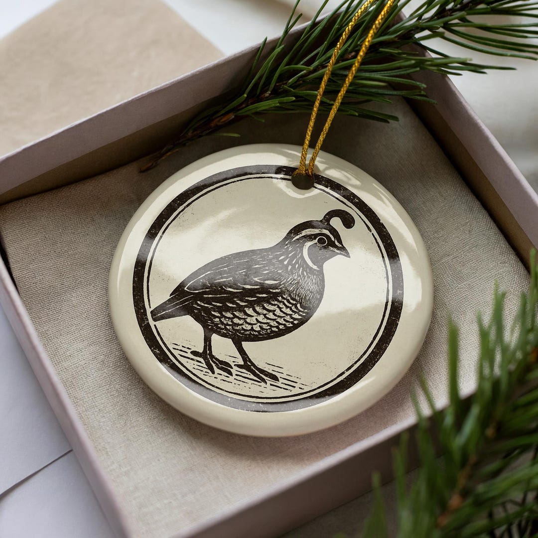 Quail Ceramic Ornament – Round Stamp Style Bird Art, Rustic Wildlife ...
