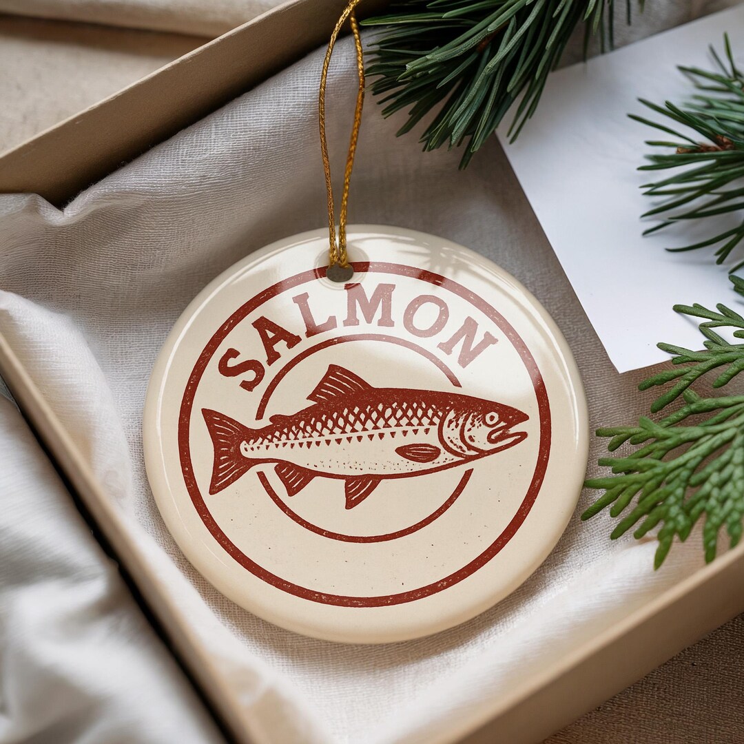 Salmon Ceramic Ornament – Circular Stamp Style Fish Art, Rustic ...
