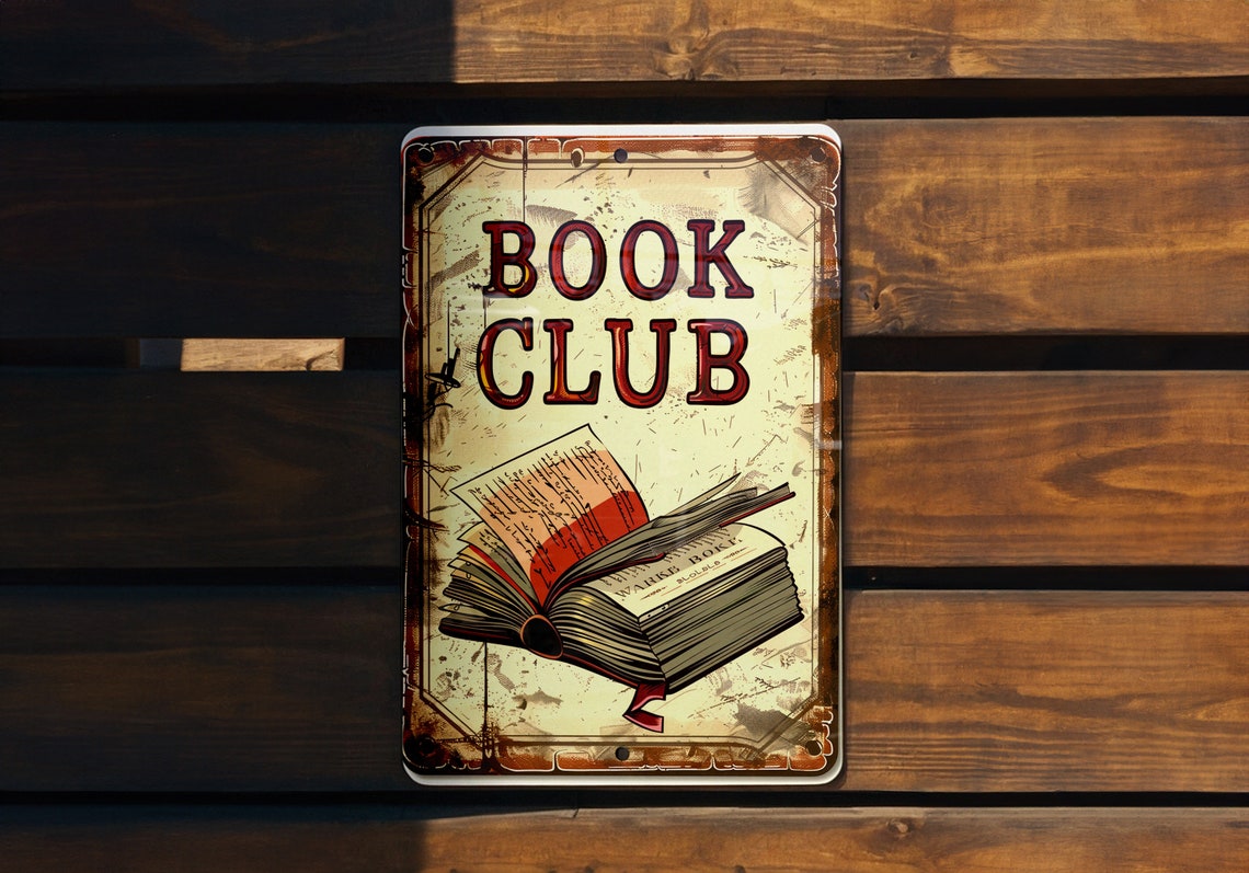 Book Club Vintage Style Metal Sign, Open Book Illustration, Warm Tones ...