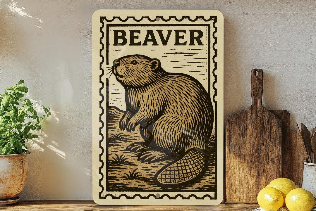 Beaver Stamp Style Metal Sign – Rustic Wall Art Décor, Vintage Wildlife ...