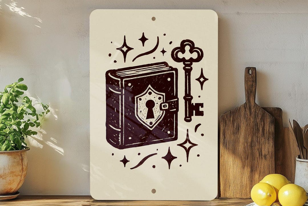 Enchanted Book Lock and Key Metal Sign – Vintage Stamp Style Library ...