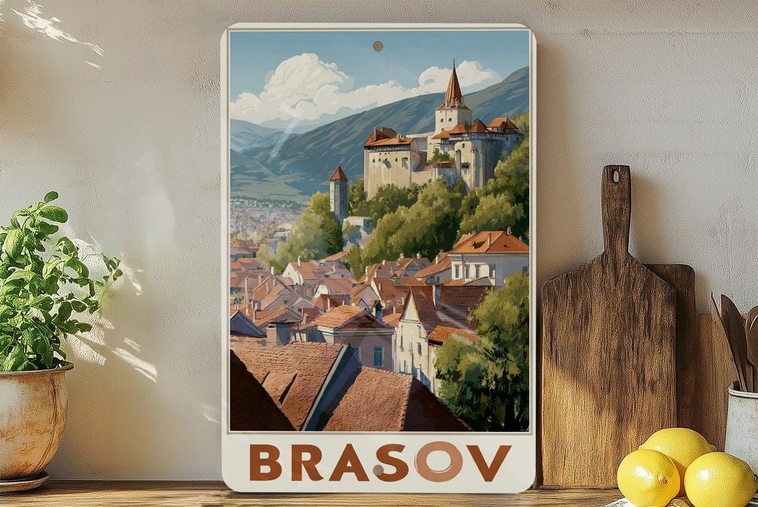 Retro Brasov Bran Travel Poster Metal Tin Sign – Vintage Wall Decor for ...