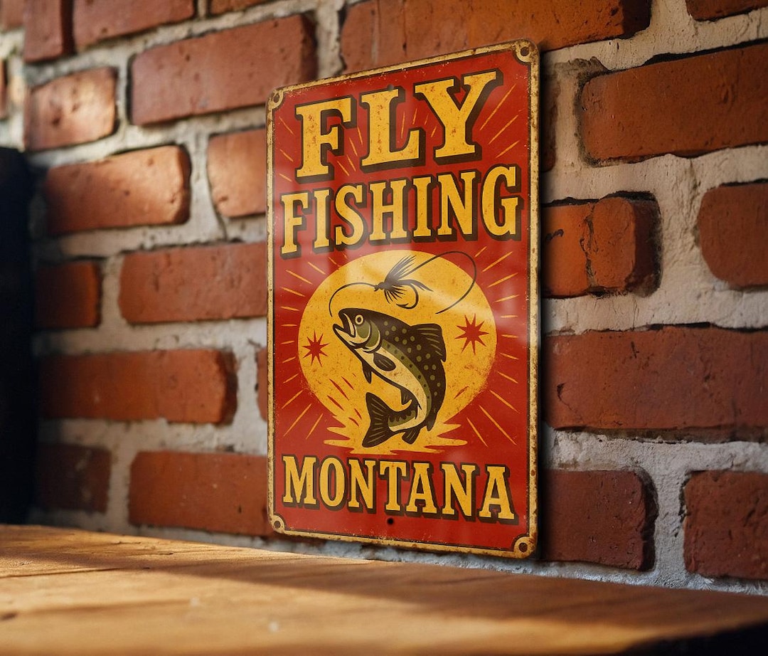 Vintage Fly Fishing Montana Metal Sign – Circus Poster Style, Red ...