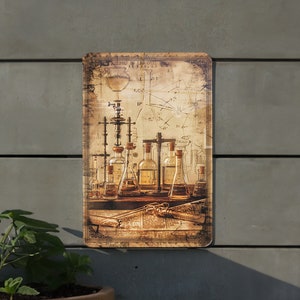 Retro Lab Scene Metal Sign, Science in Action, Vintage Beakers, Sepia ...
