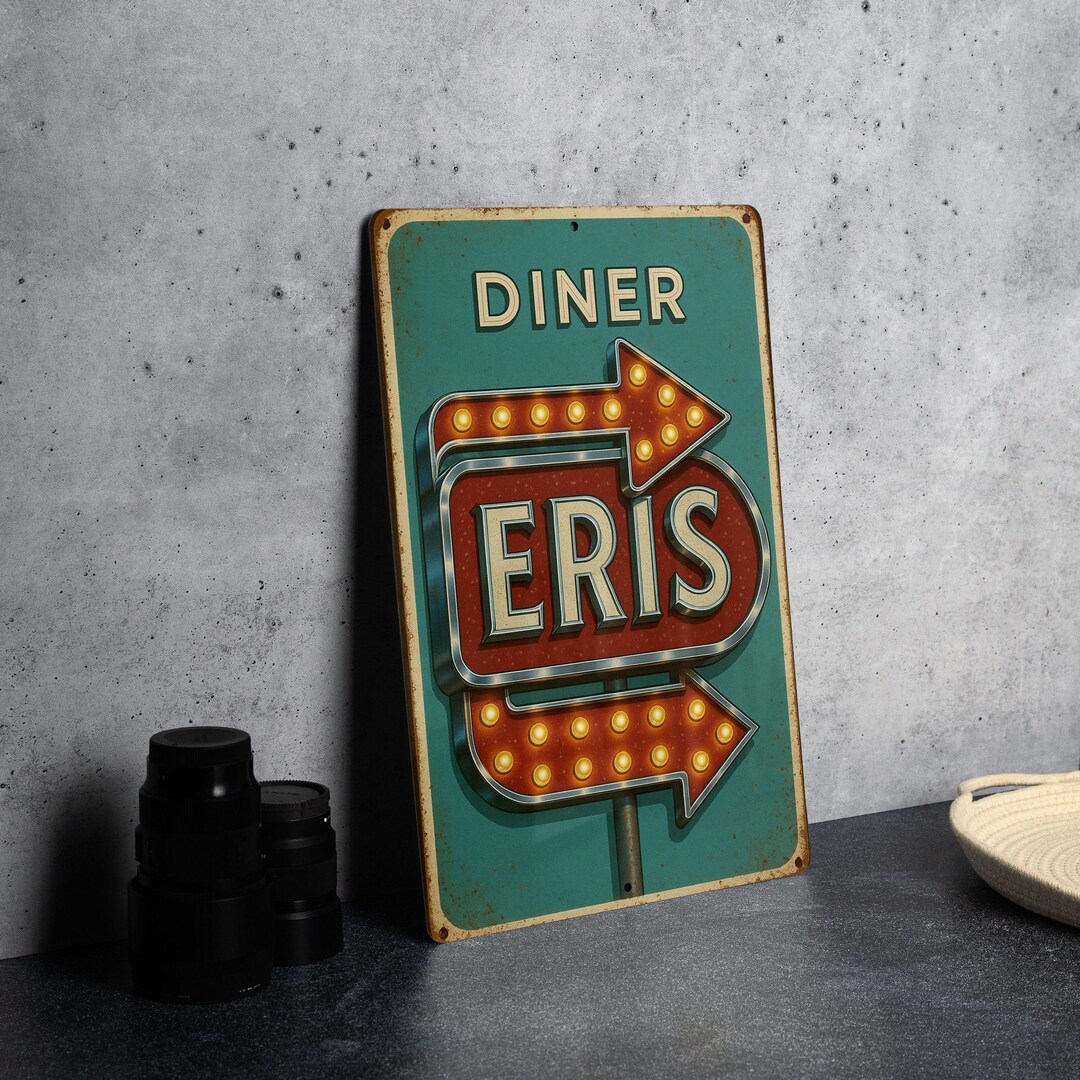 Retro Eris Diner Tin Sign – Chrome Accents, Turquoise & Cherry Red ...