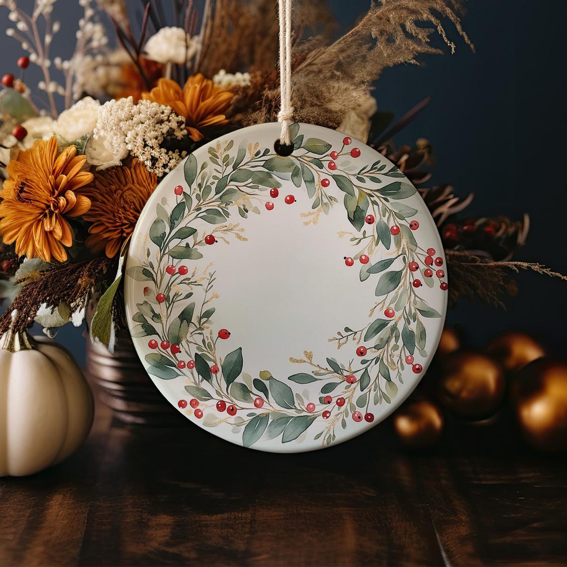 Festive Watercolor Wreath Ceramic Ornament, Holiday Decor, Christmas ...