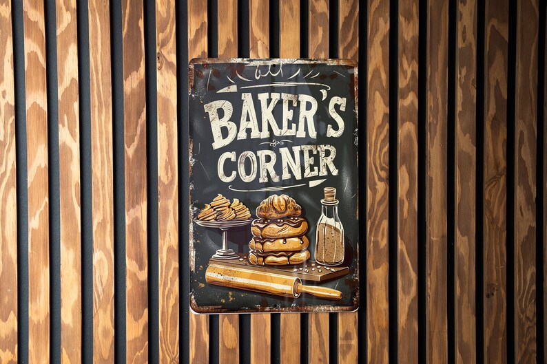 Baker's Corner Vintage Metal Sign, Rolling Pin, Dough Illustration ...