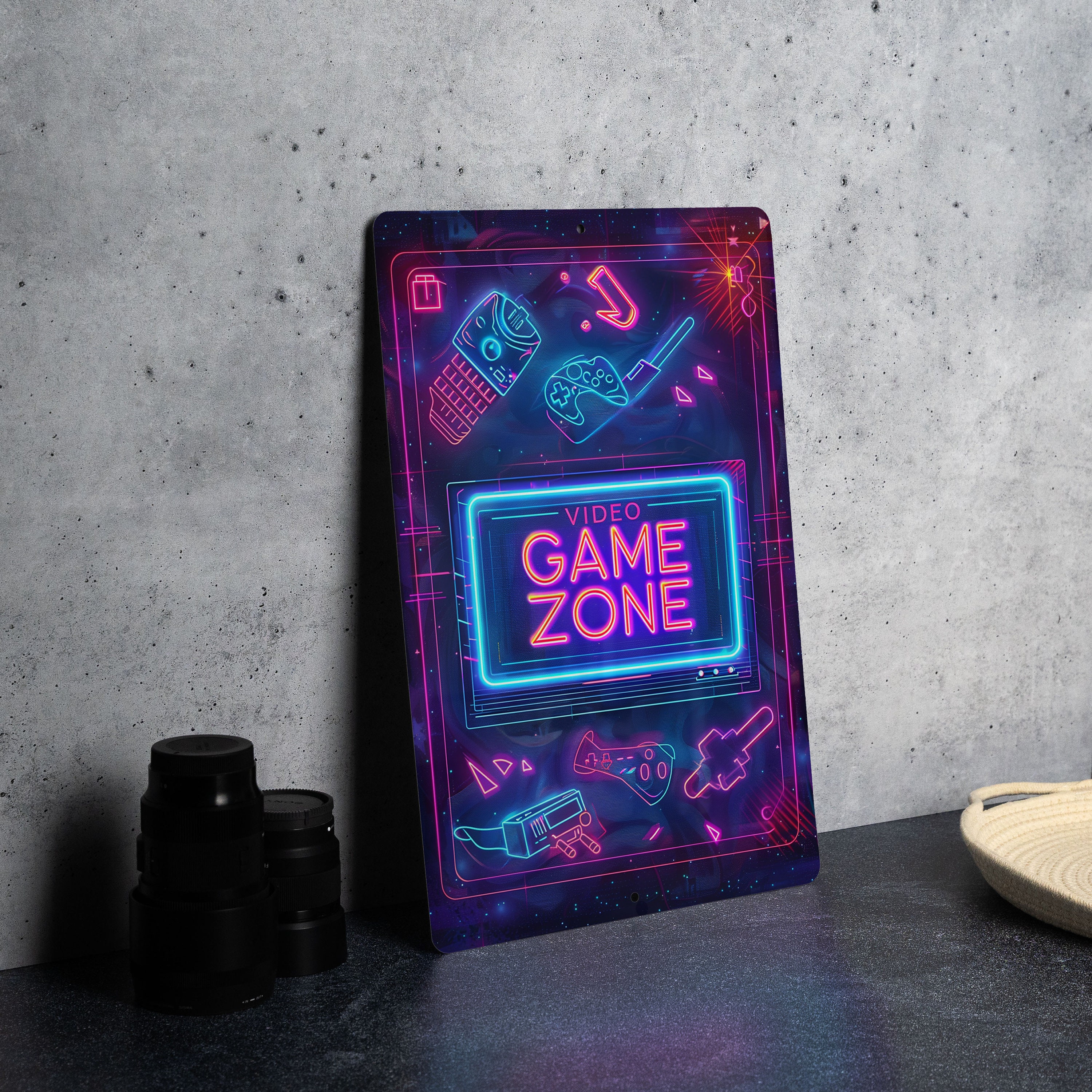 Vintage Video Game Zone Sign, Joystick Illustration, Neon Colors, Pixel ...