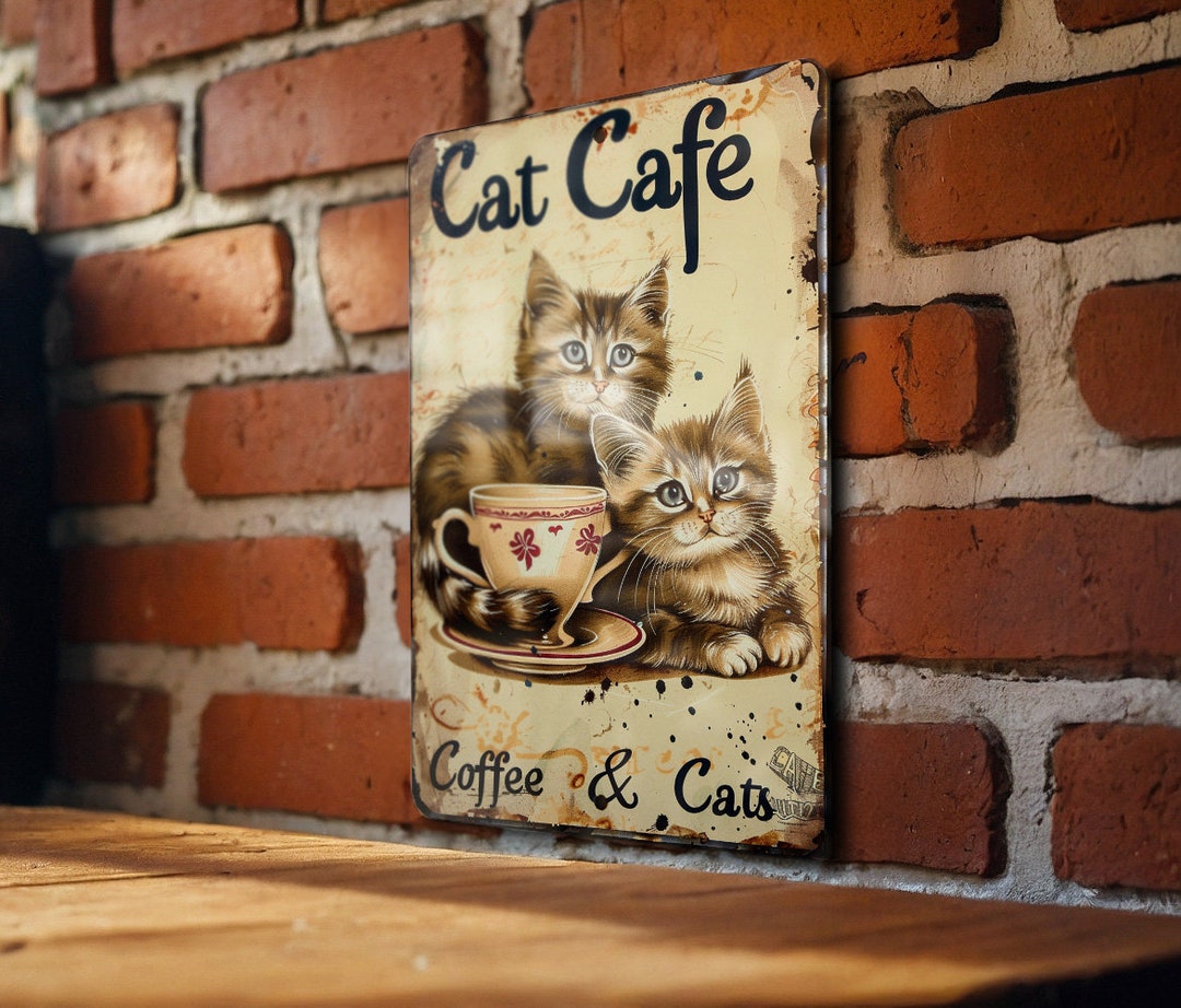Cat Cafe Metal Sign: Coffee & Cats, Vintage Style Decor, Aluminum Wall ...
