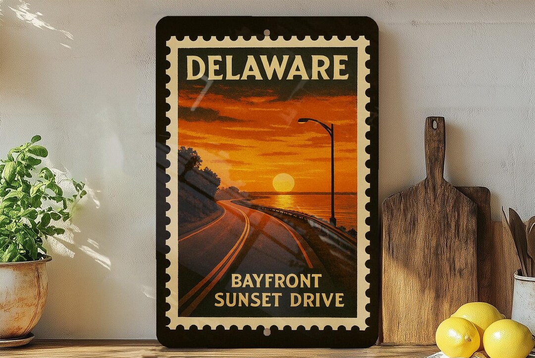 Delaware Bayfront Sunset Drive Metal Sign – Vintage Stamp Style Wall ...