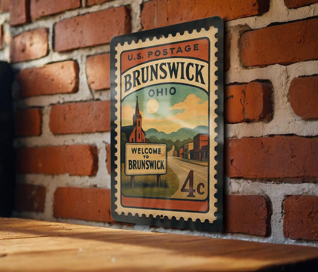 Brunswick Ohio Metal Sign Featuring Retro Postage Stamp Design of ...