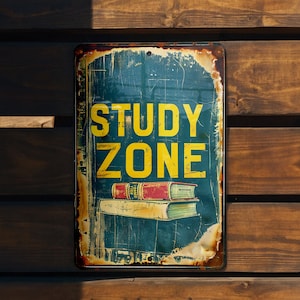 Study Zone Metal Sign, Vintage Style, Book Illustration, Primary Colors ...