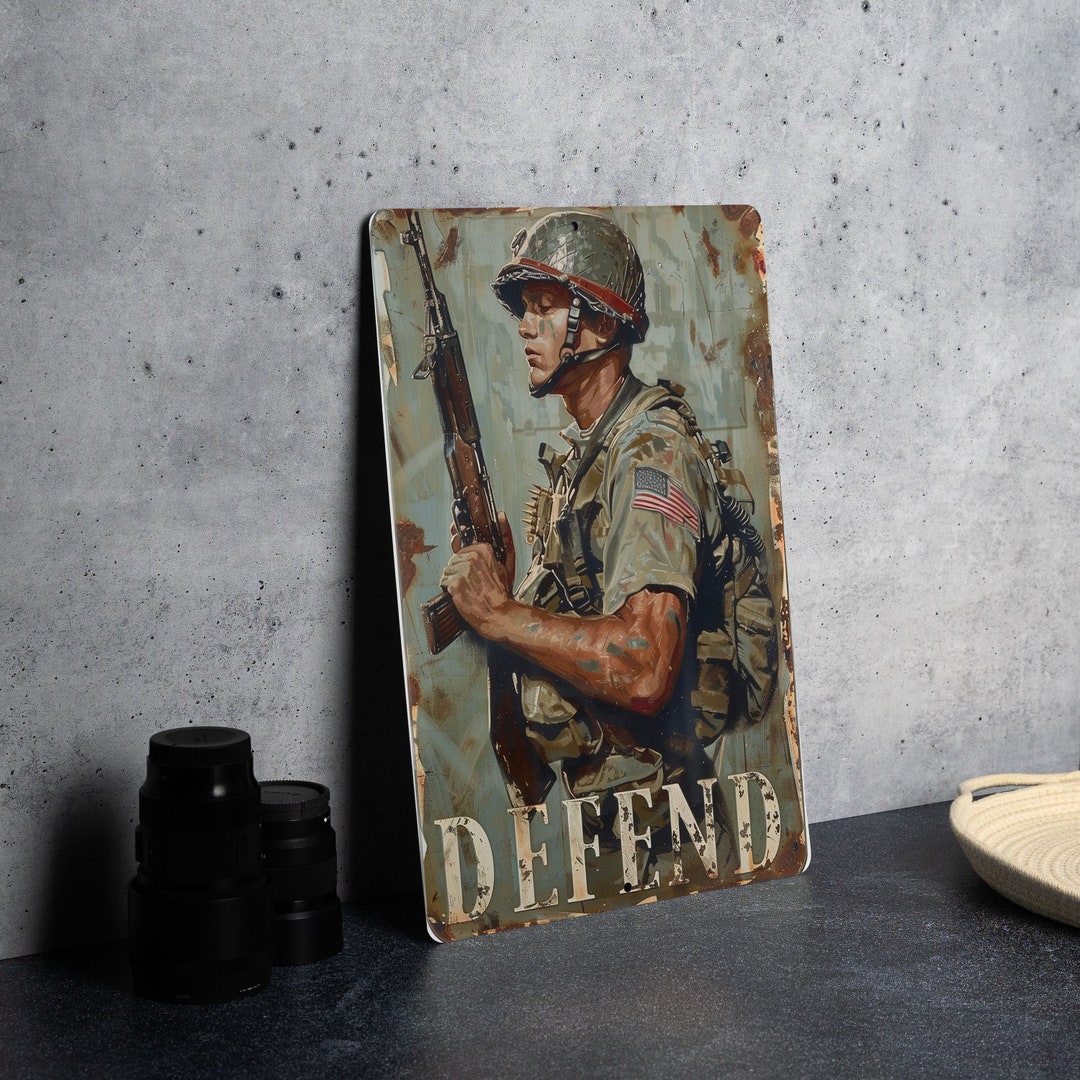 Vintage Metal Sign, Funny Soldier DEFEND, Retro Wall Decor, Military ...