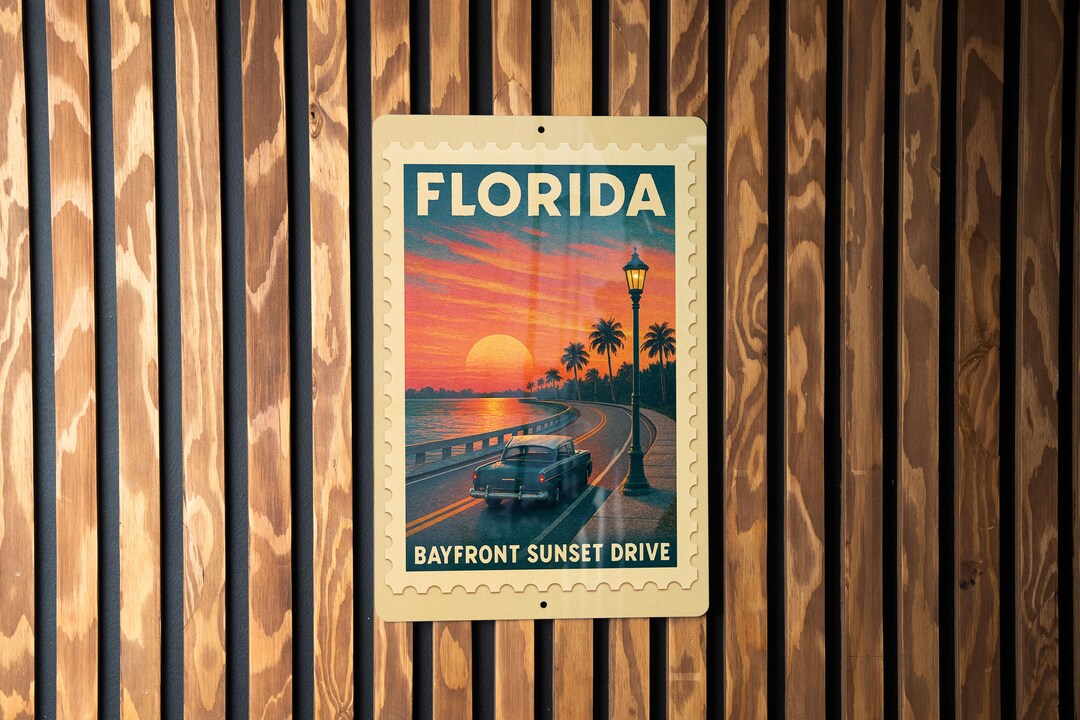 Florida Bayfront Sunset Drive Metal Sign – Vintage Stamp Style Wall ...