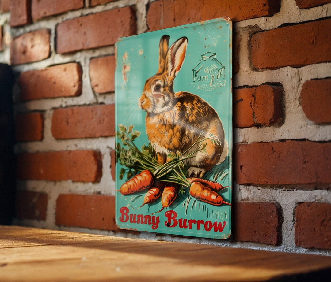 Bunny Burrow Vintage Sign, Retro Rabbit Illustration, Bright Vintage ...