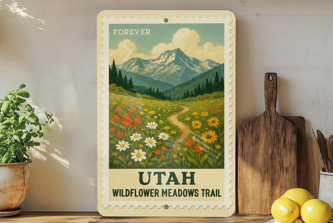 Utah Wildflower Meadows Trail Metal Sign – Vintage Stamp Style Wall Art ...