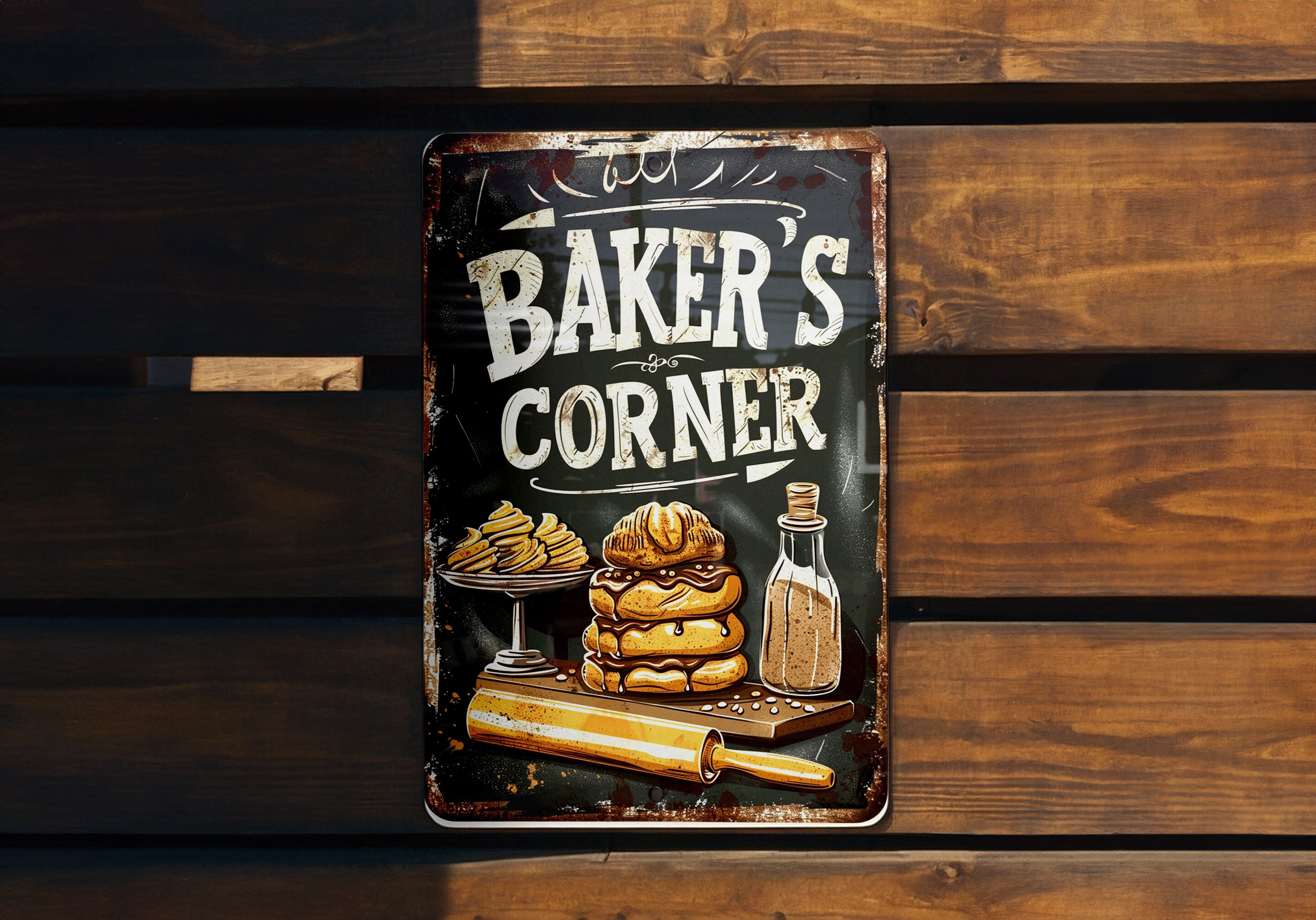 Baker's Corner Vintage Metal Sign, Rolling Pin, Dough Illustration ...