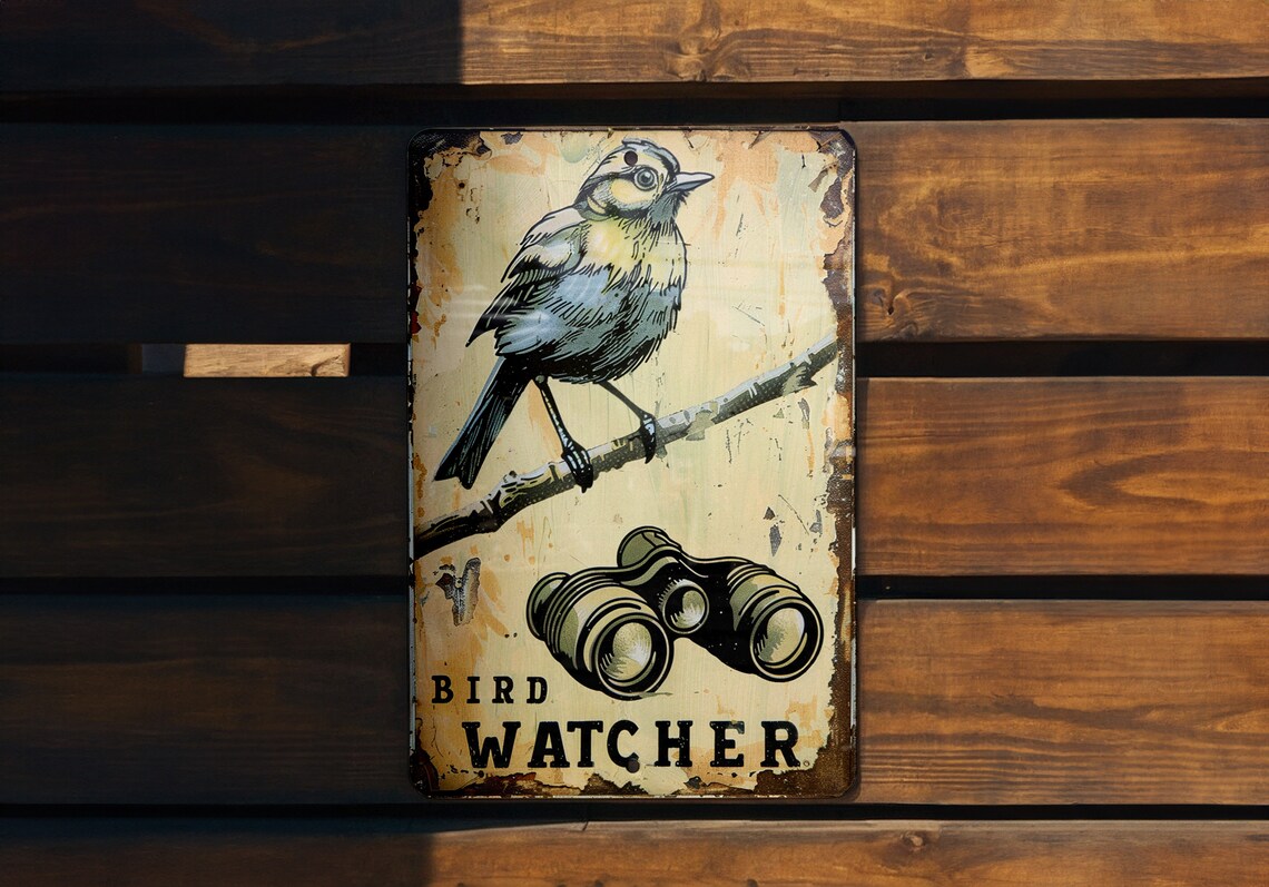 Bird Watcher Vintage Metal Sign: Binoculars, Bird Illustration, Natural ...