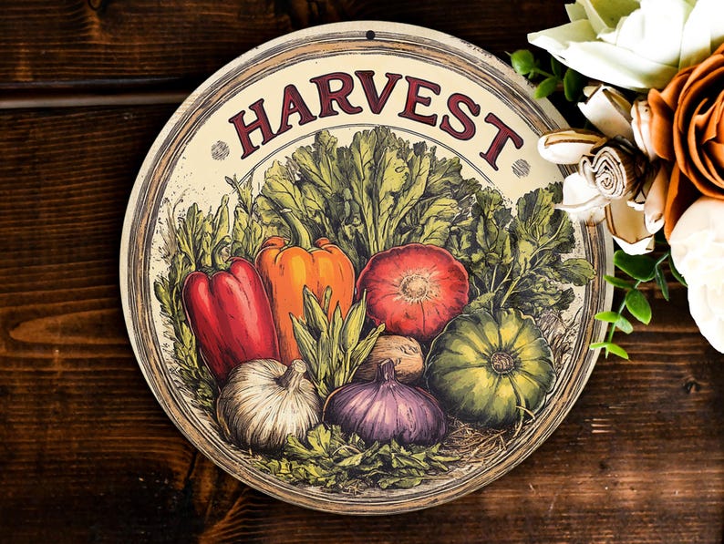 Rustic Bounty Portrait Round Metal Sign, Nature's Harvest, Vibrant ...