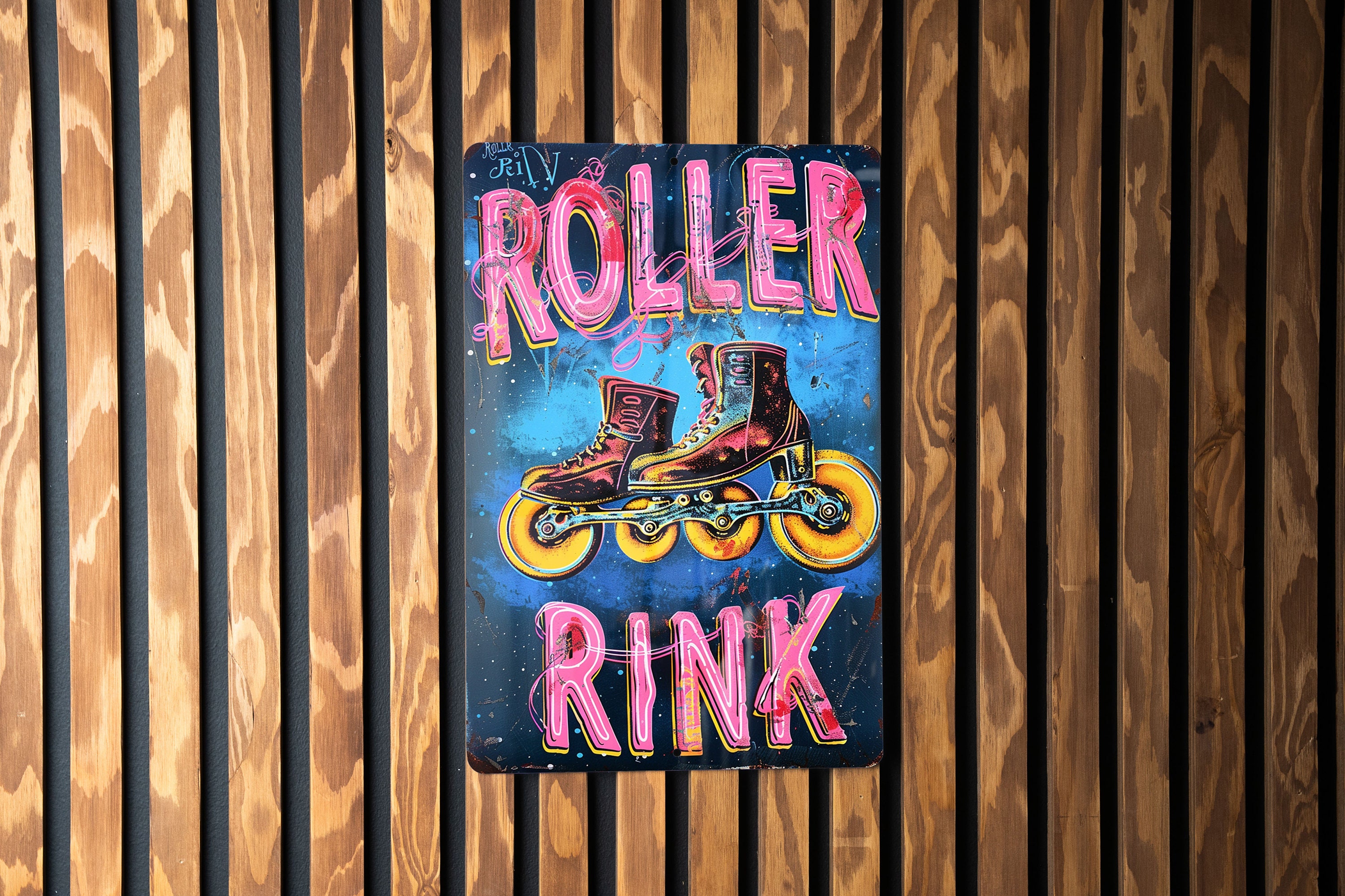ROLLER RINK Vintage Metal Sign, Neon Skates Illustration, Fun Skating ...