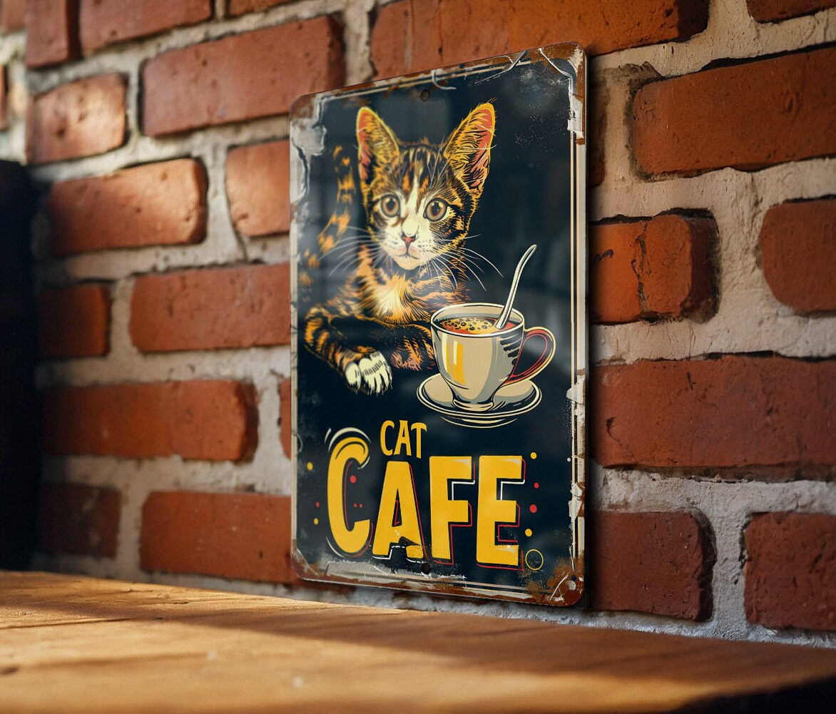 Cat Cafe Metal Sign, Vibrant Colors, Comic Frame, Bold Font, Coffee ...