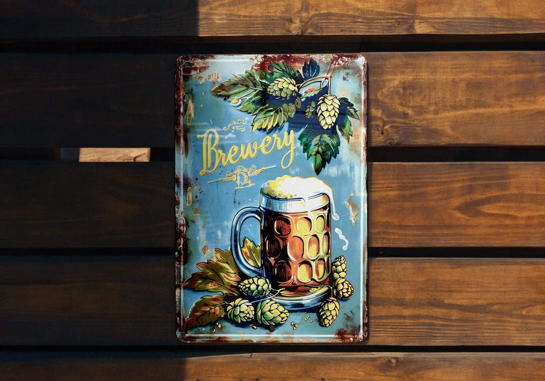 Vintage Brewery Metal Sign, Old-fashioned Beer Stein, Cool Blue Tones ...