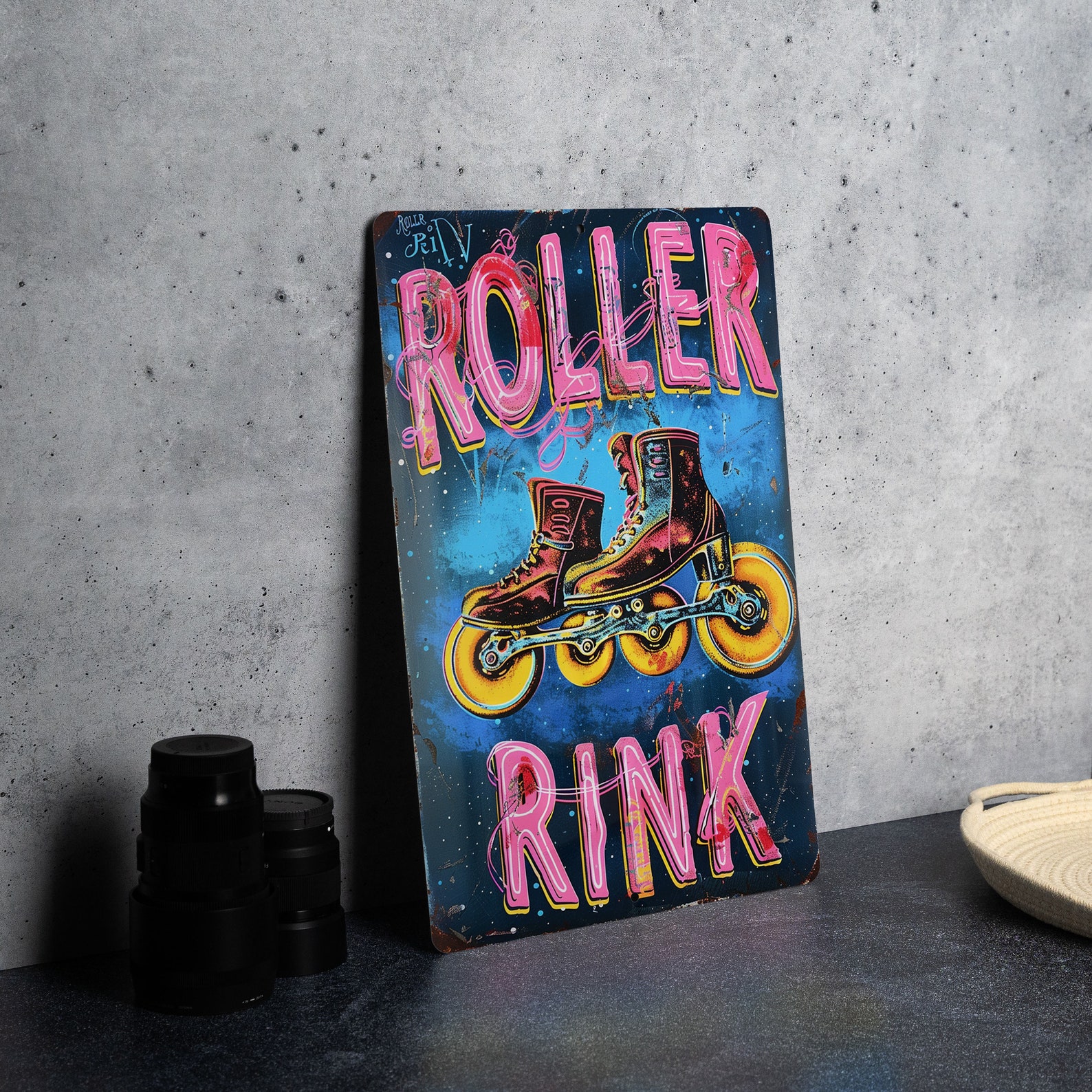 ROLLER RINK Vintage Metal Sign, Neon Skates Illustration, Fun Skating ...