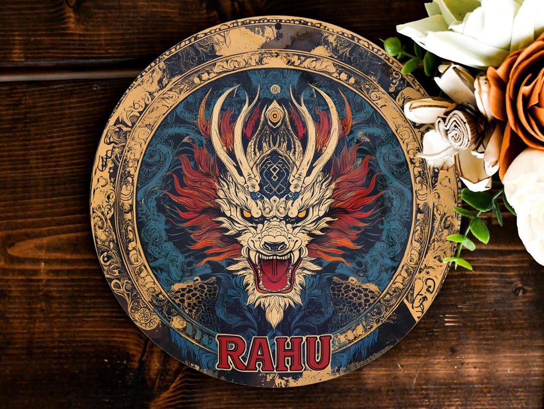 Fiery Dragons Gaze Enigmatic Rahu Round Metal Sign, Mythic Lore Decor ...
