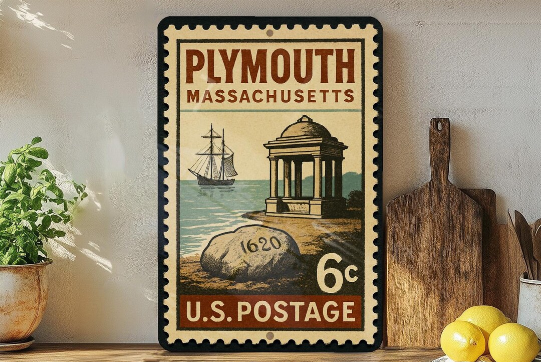 Plymouth Massachusetts Metal Sign Featuring Retro Postage Stamp Design ...