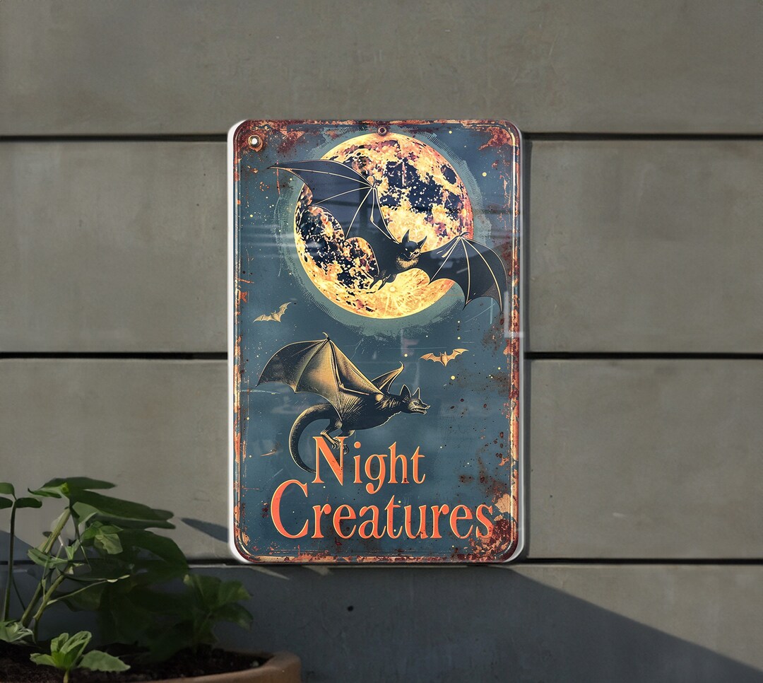 Vintage Bat Moon Metal Sign, Retro Fonts, Night Creatures Decor, Muted ...