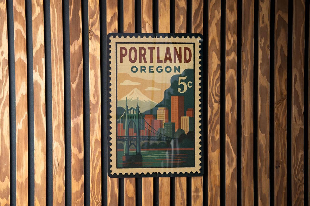 Portland Oregon Metal Sign – Retro Postage Stamp Featuring City Skyline ...