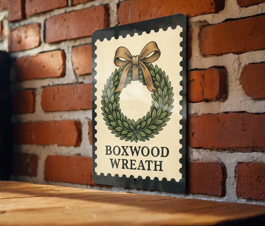 Boxwood Wreath Ribbon Metal Sign – Vintage Stamp Style Wall Decor for ...