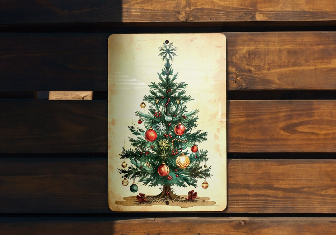 Retro Christmas Tree Sign, Vintage Style HD, Warm Vintage Hues, Hand ...