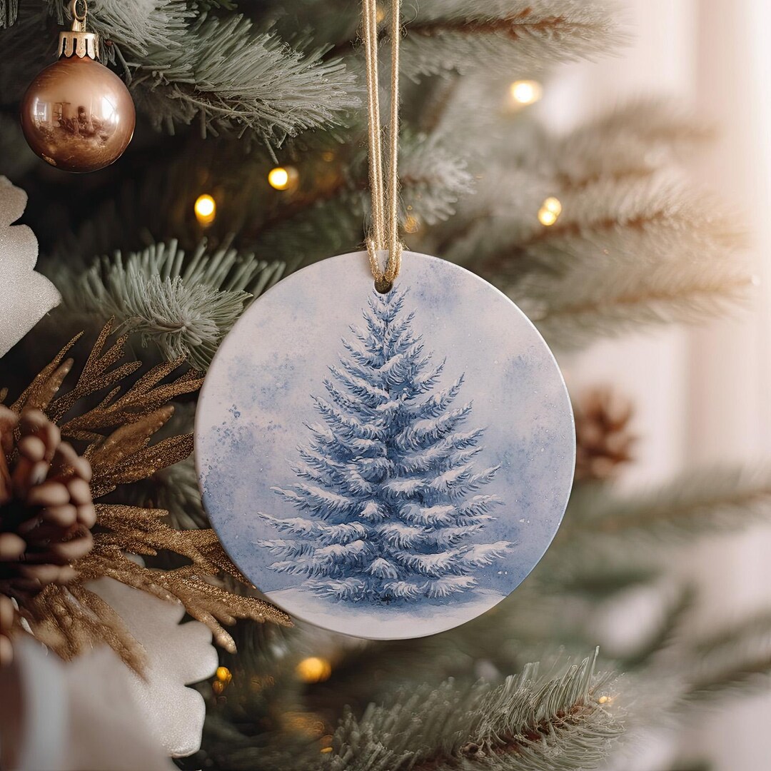 Pine Tree Ceramic Ornament, Serene Snow-covered Design, Circular ...