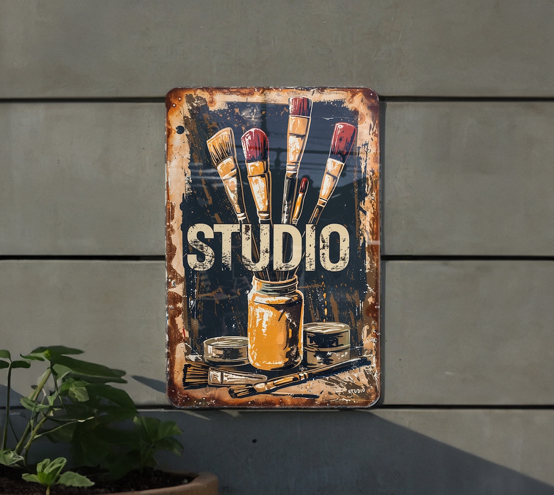 Vintage Art Studio Metal Sign, Paintbrush Illustration, Sepia Tones ...