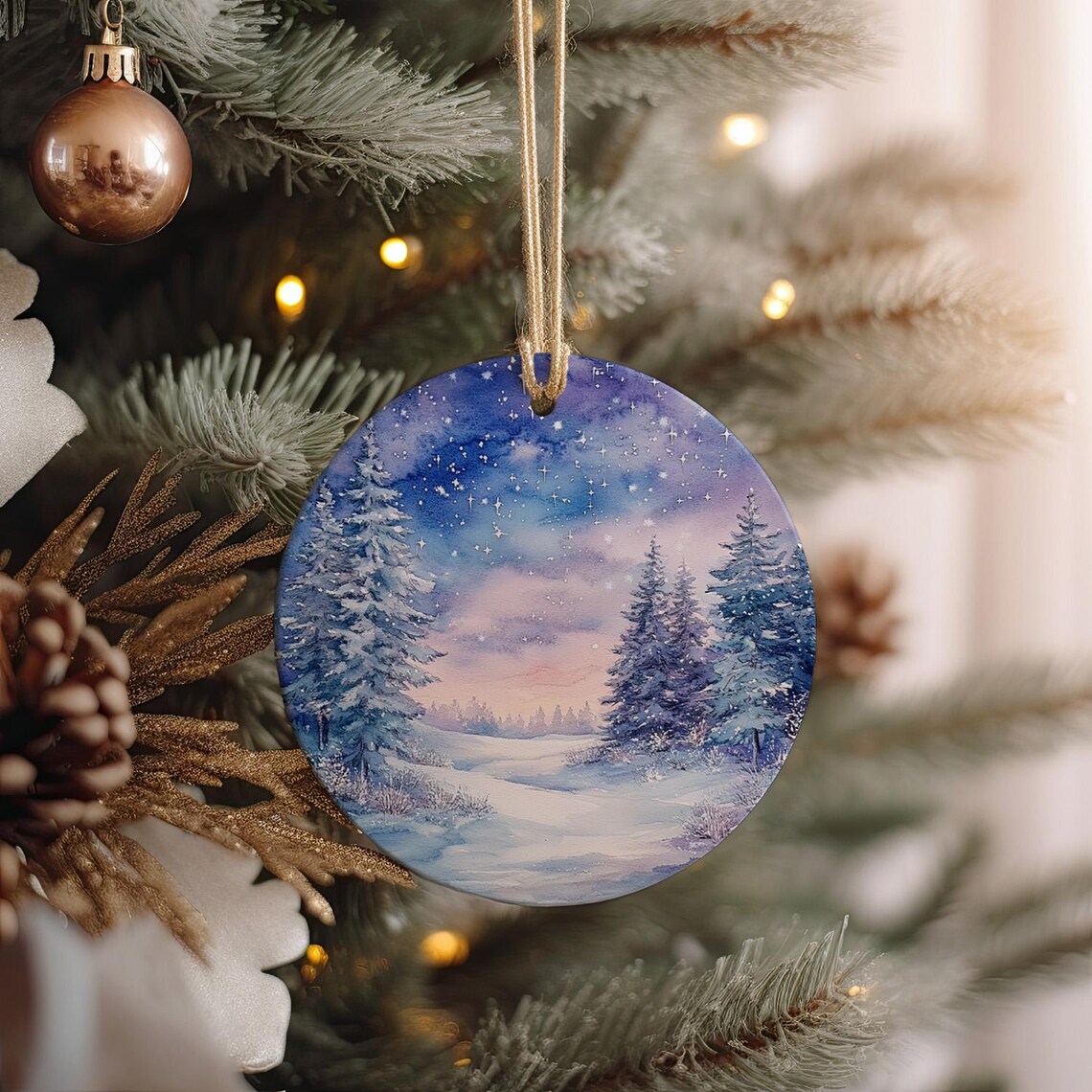 Ethereal Watercolor Ceramic Ornament, Circular Design, Artistic Home ...