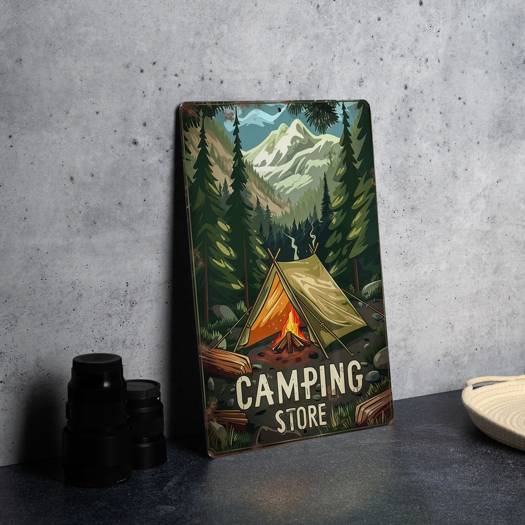 Camping Store Metal Sign, Tent Campfire Illustration, Outdoor Frame ...