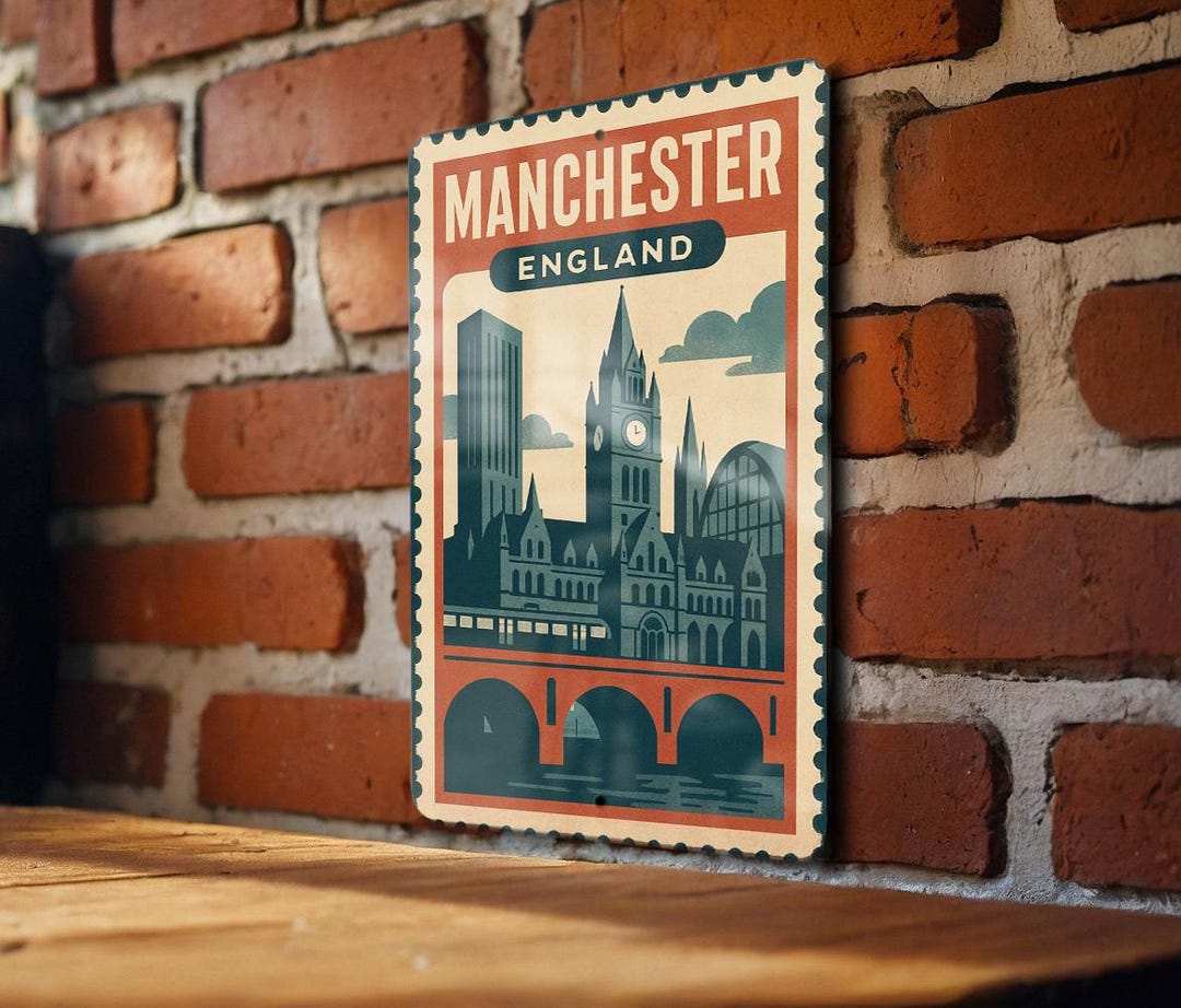 Manchester England Stamp Style Wall Art – Vintage Metal Sign for Home ...