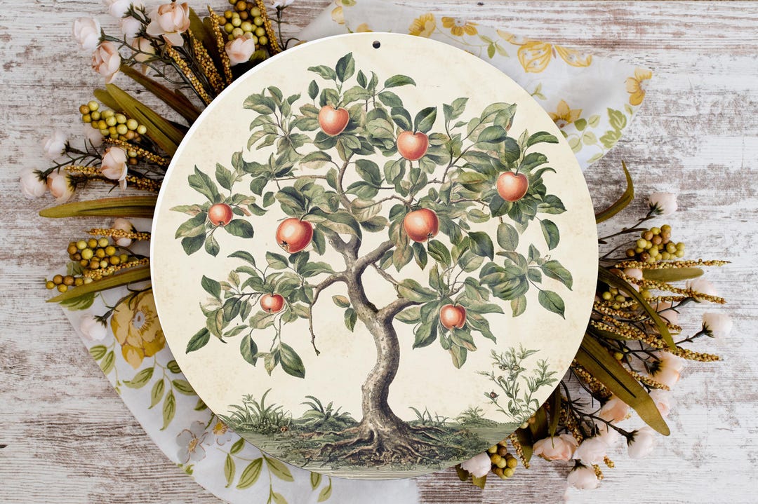 Verdant Orchard Reverie Round Metal Sign, Apple Tree Decor, Earthy Tone ...