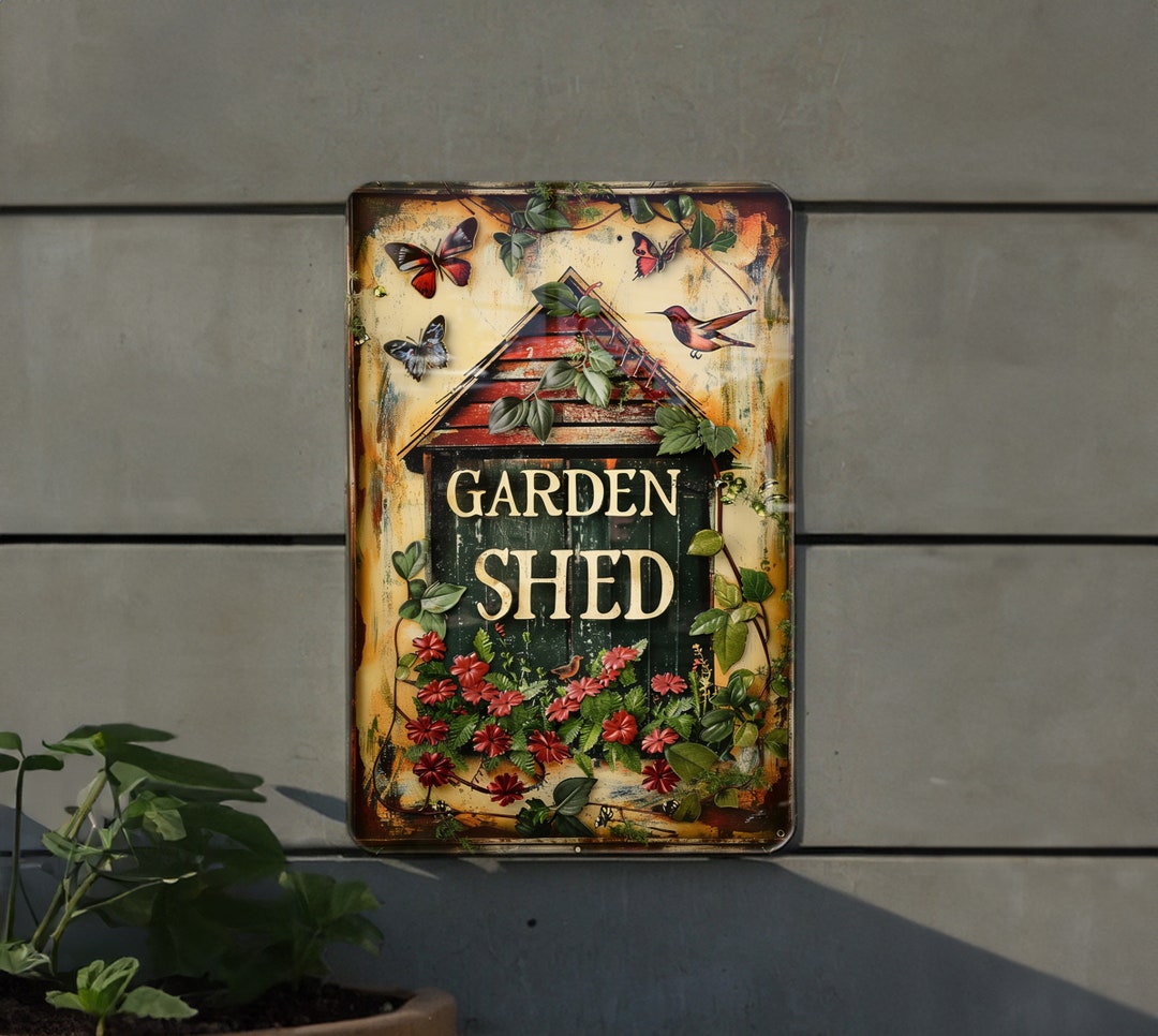 Garden Shed Metal Sign: Vintage Style, Shed Illustration, Earthy Tones ...