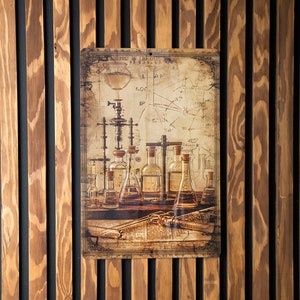 Retro Lab Scene Metal Sign, Science in Action, Vintage Beakers, Sepia ...