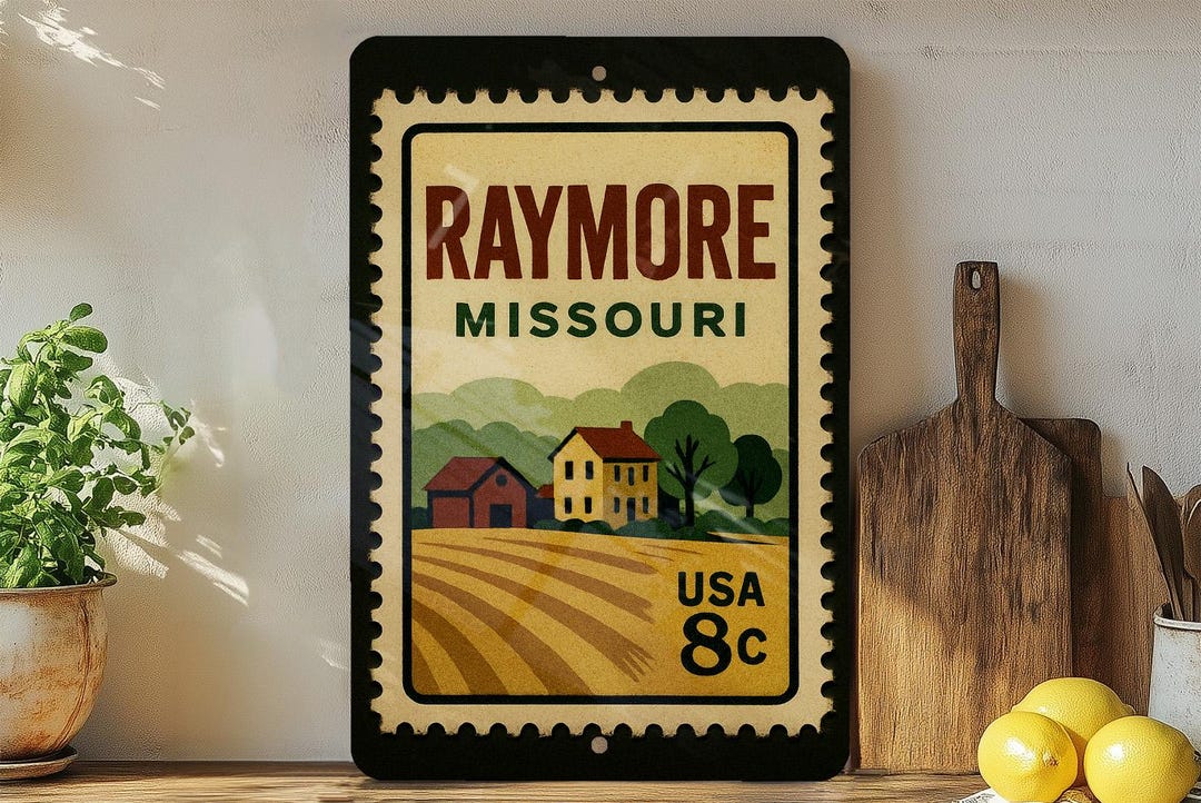 Raymore Missouri Postage Stamp Metal Sign – Vintage-inspired City ...